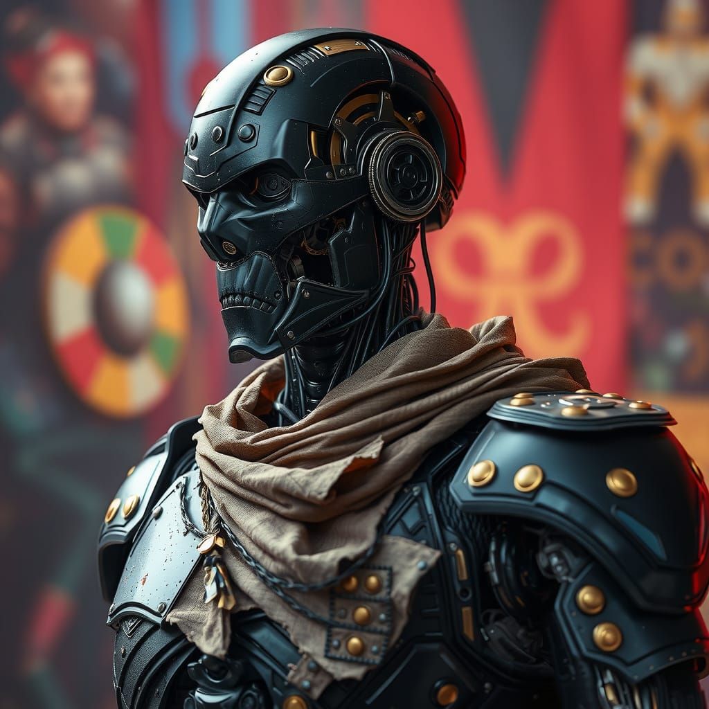 humanoid robot - Hyperrealistic Robot in Tattered Armor
