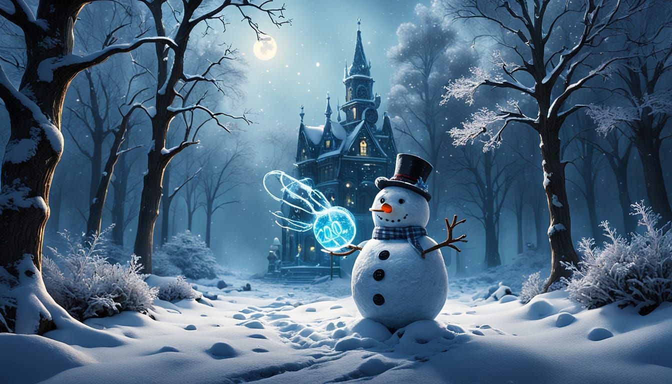 bright snowman holding a sign with neon numbers 2025, in the style of ...