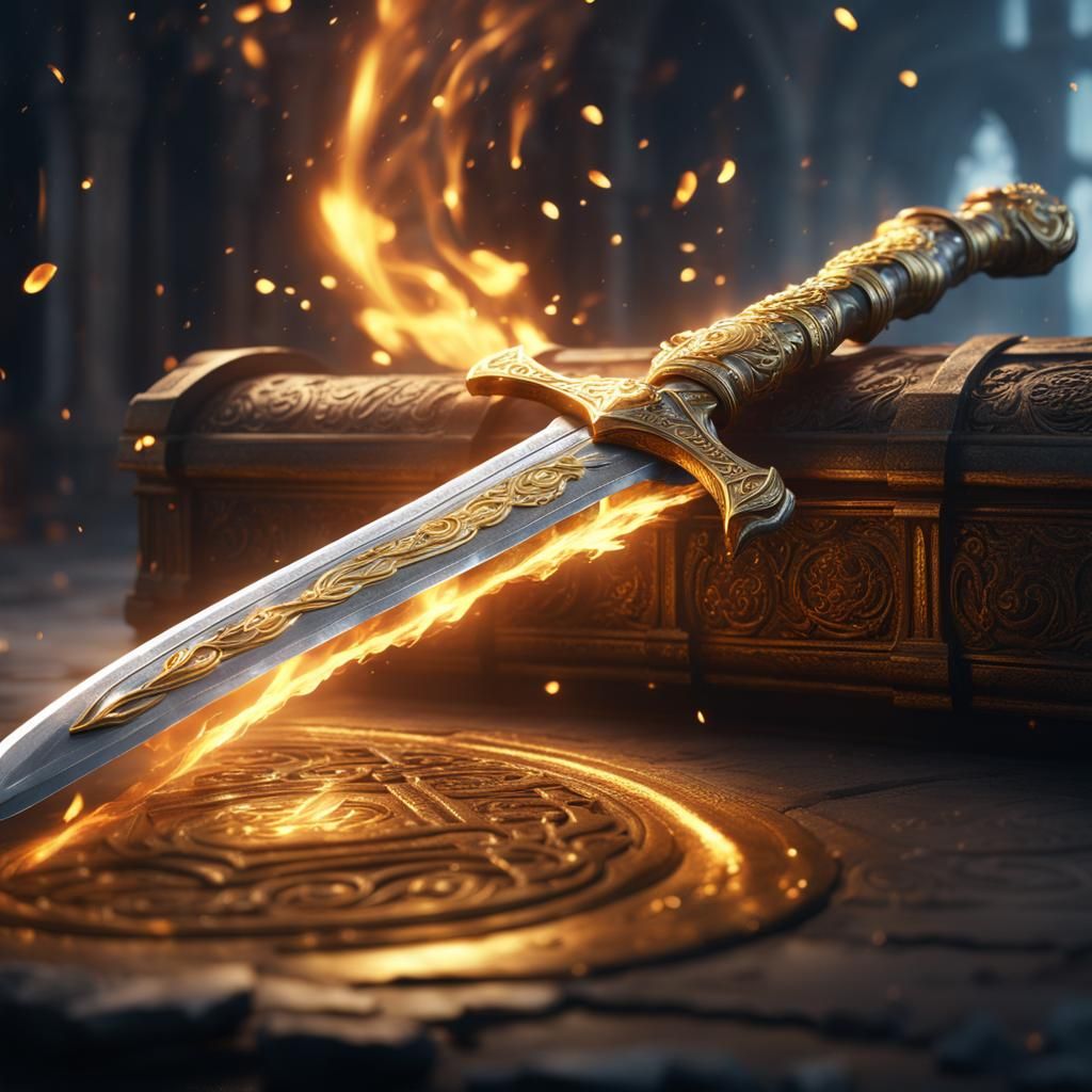 Flaming Sword made of Dazzling Gold Mystical Swirling magic with a ...