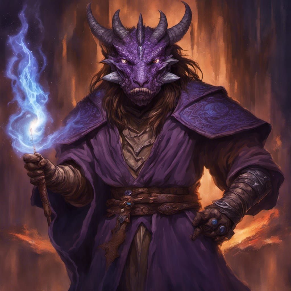 A purple dragonborn in dark purple robes using a wand - AI Generated ...