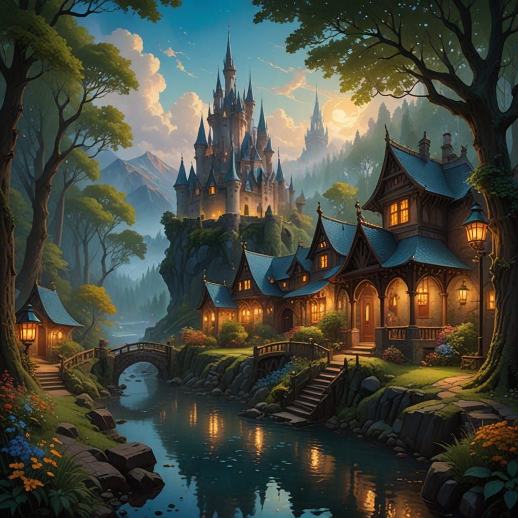Whimsical Castle Tavern at Night in Enchanted Fore... - AI Art