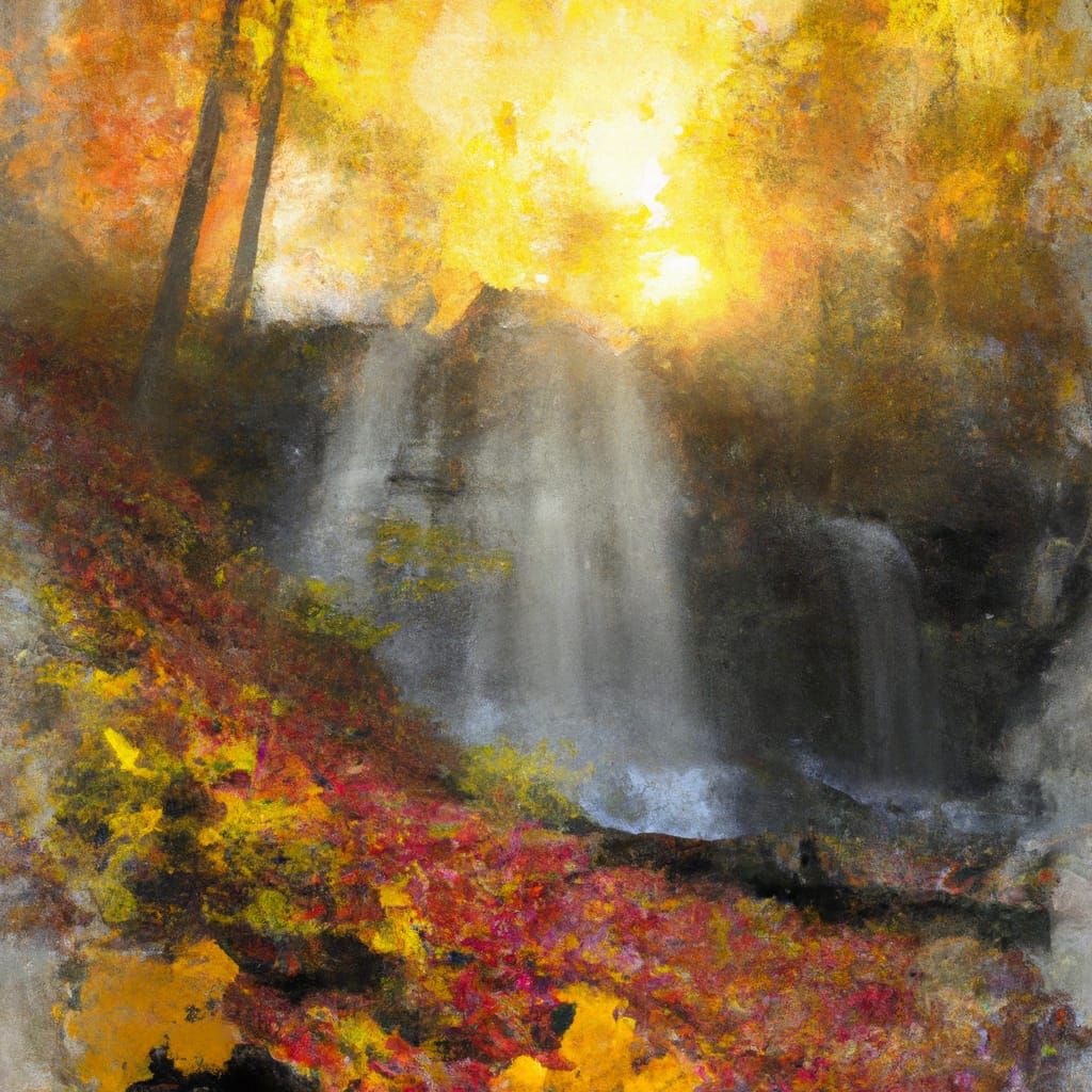 Fall in a hardwood forest, cascading waterfall, vibrant colors ...