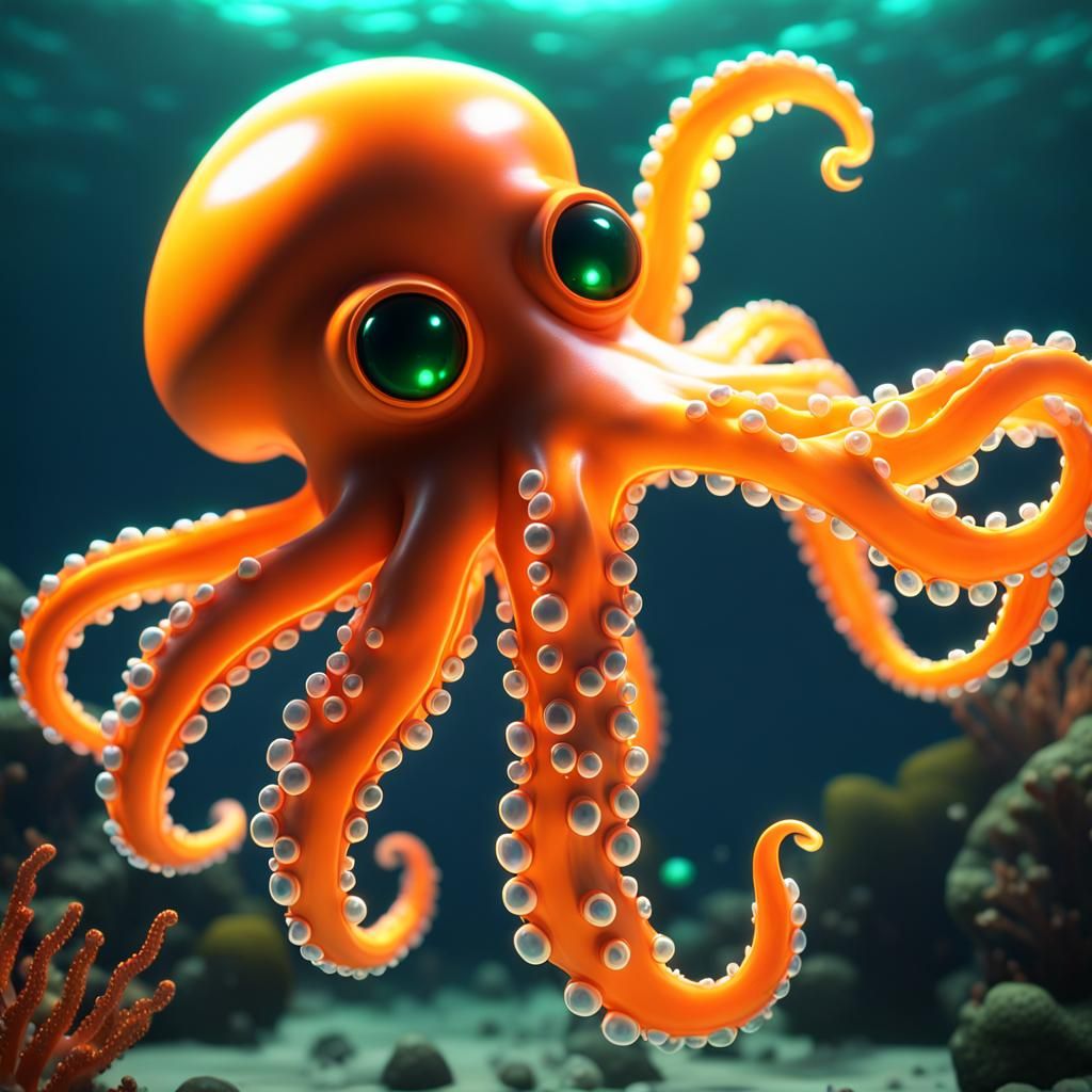 orange reflective cute nuke explosion soft glowing octopus at bottom of ...