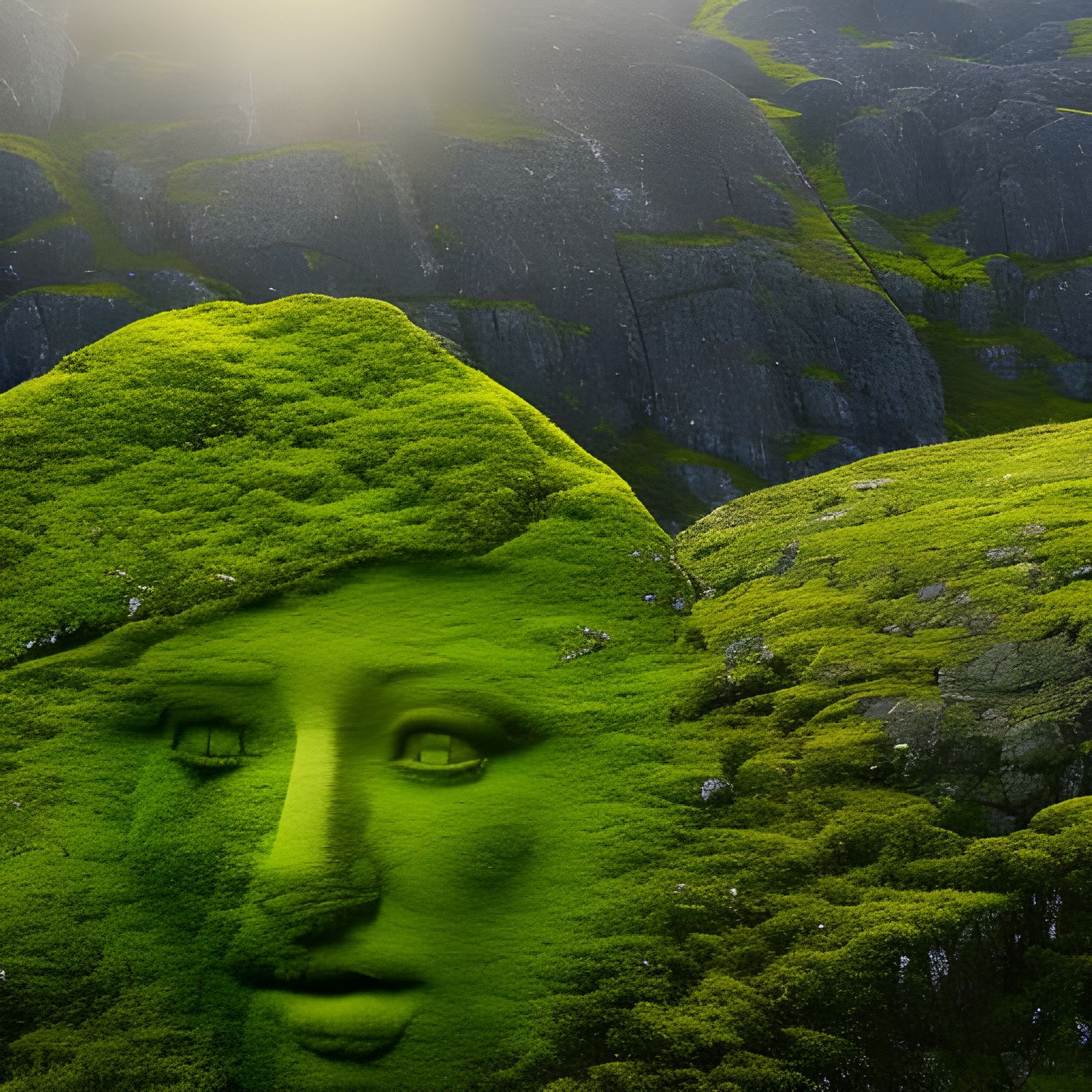 A face made of an ancient cracked weathered boulder overgrown with moss ...