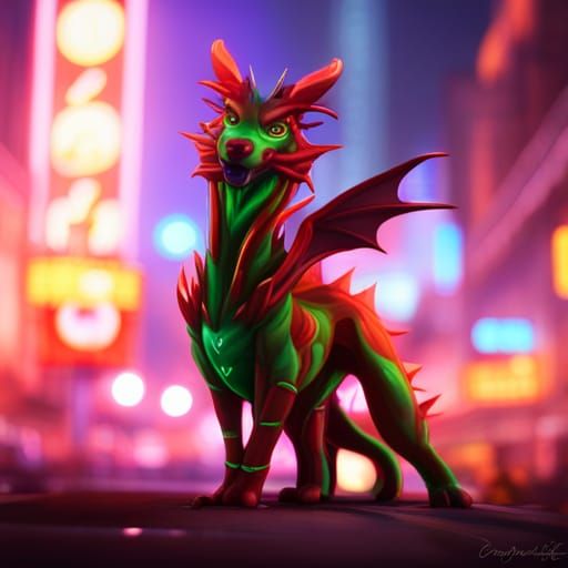 Portrait of a neon dragon-dog in a neon city at night" Weight:1 Save ...