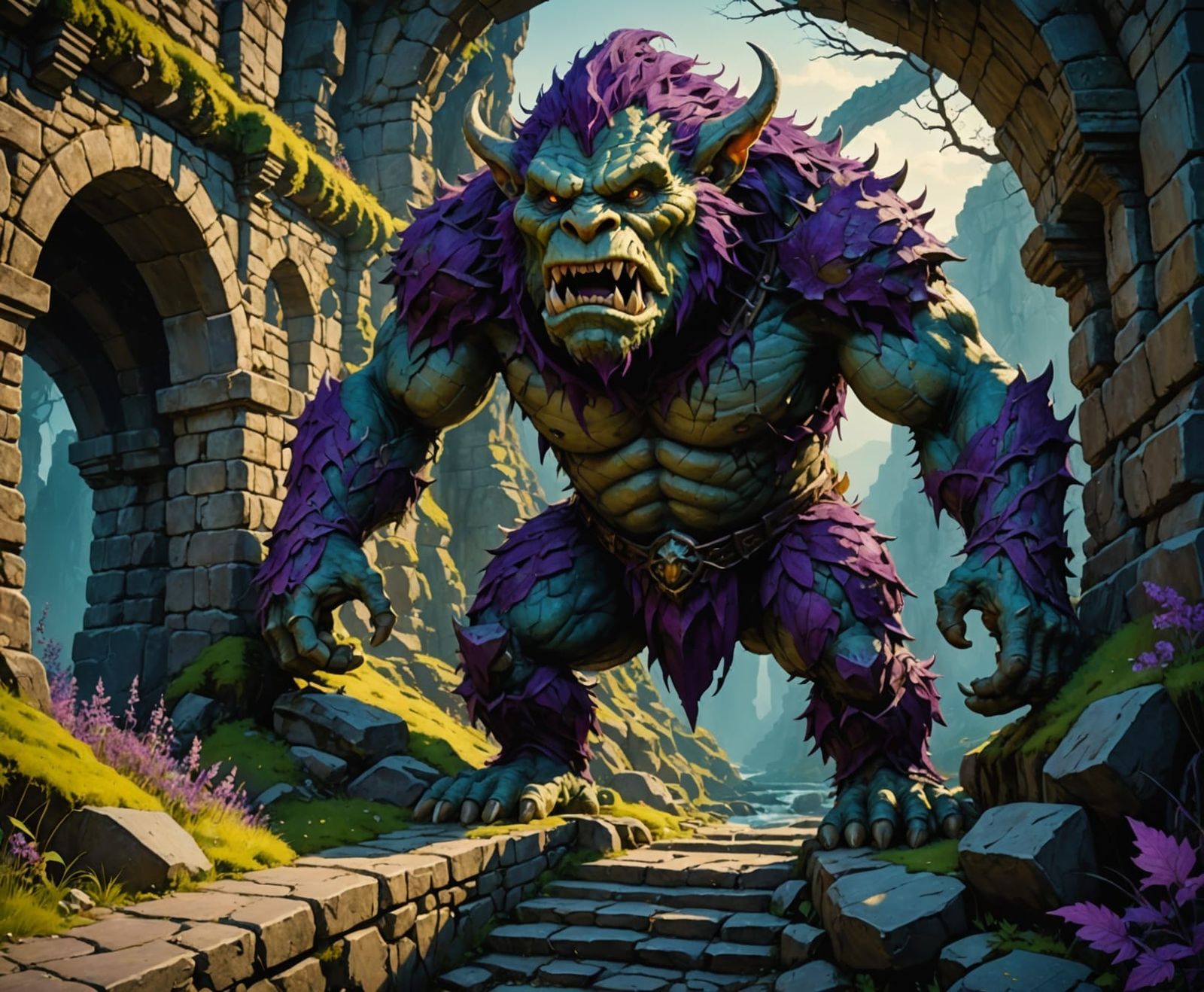 Purple troll - Surreal Troll Emerges from Mysterious Bridge
