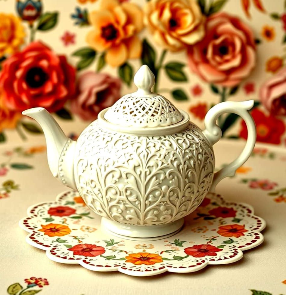 teapot de filigrama en una mesa con mantel florido,