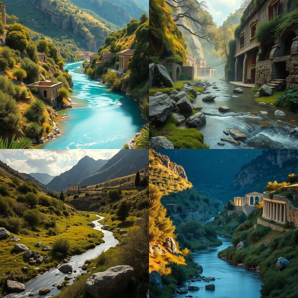 A Meander inside a stream in a valley of Ida, ruins of minoan era ...