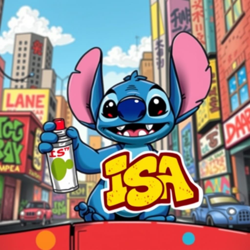 Stitch in grafitti - Blue Alien Spray Paints Vibrant Graffi...