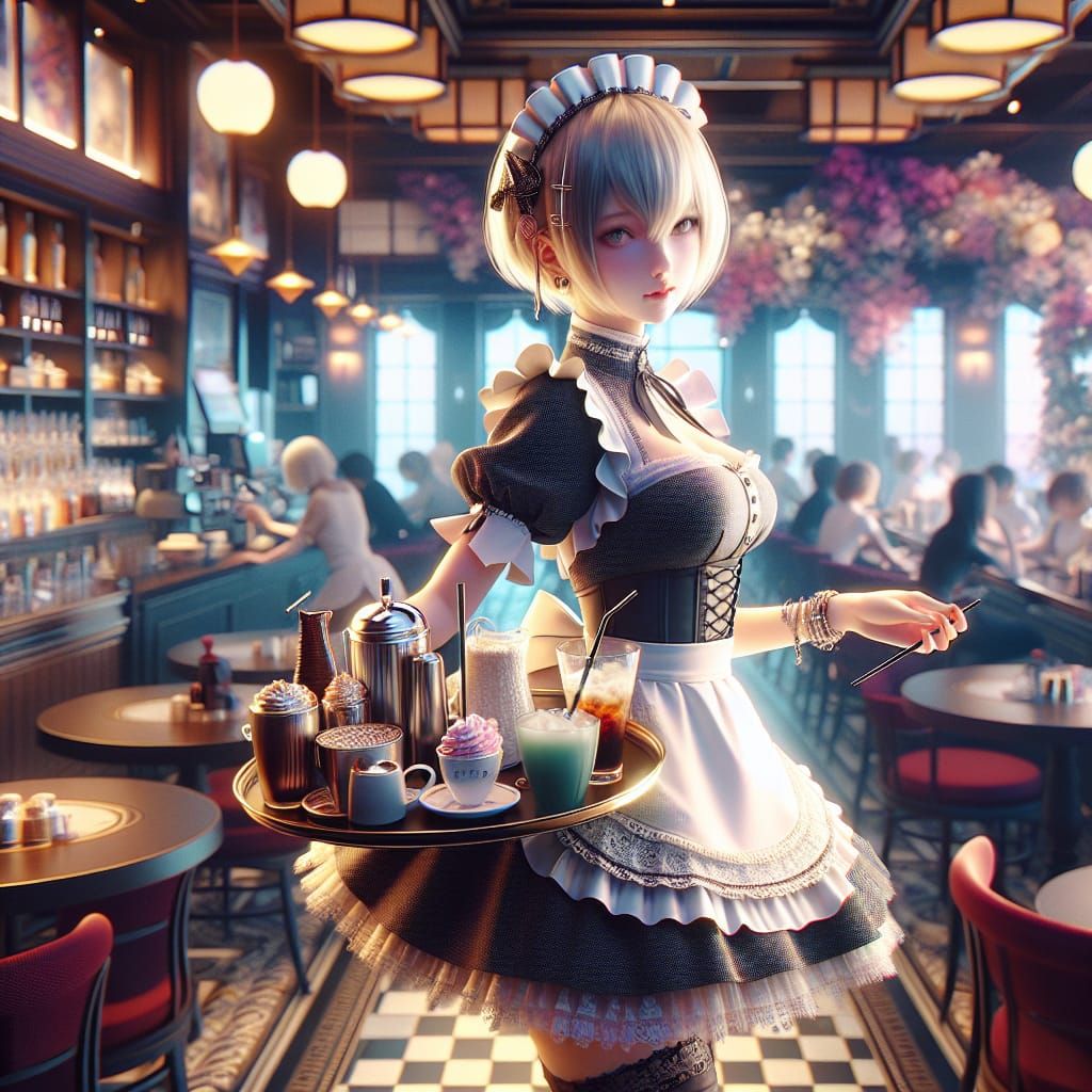 Create a detailed and intricate illustration of a café scene with deep ...