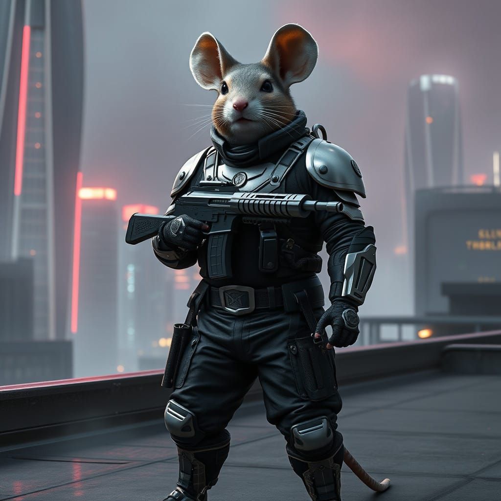 A realistic, full-body sci-fi armored mouse soldier, adorned with a ...