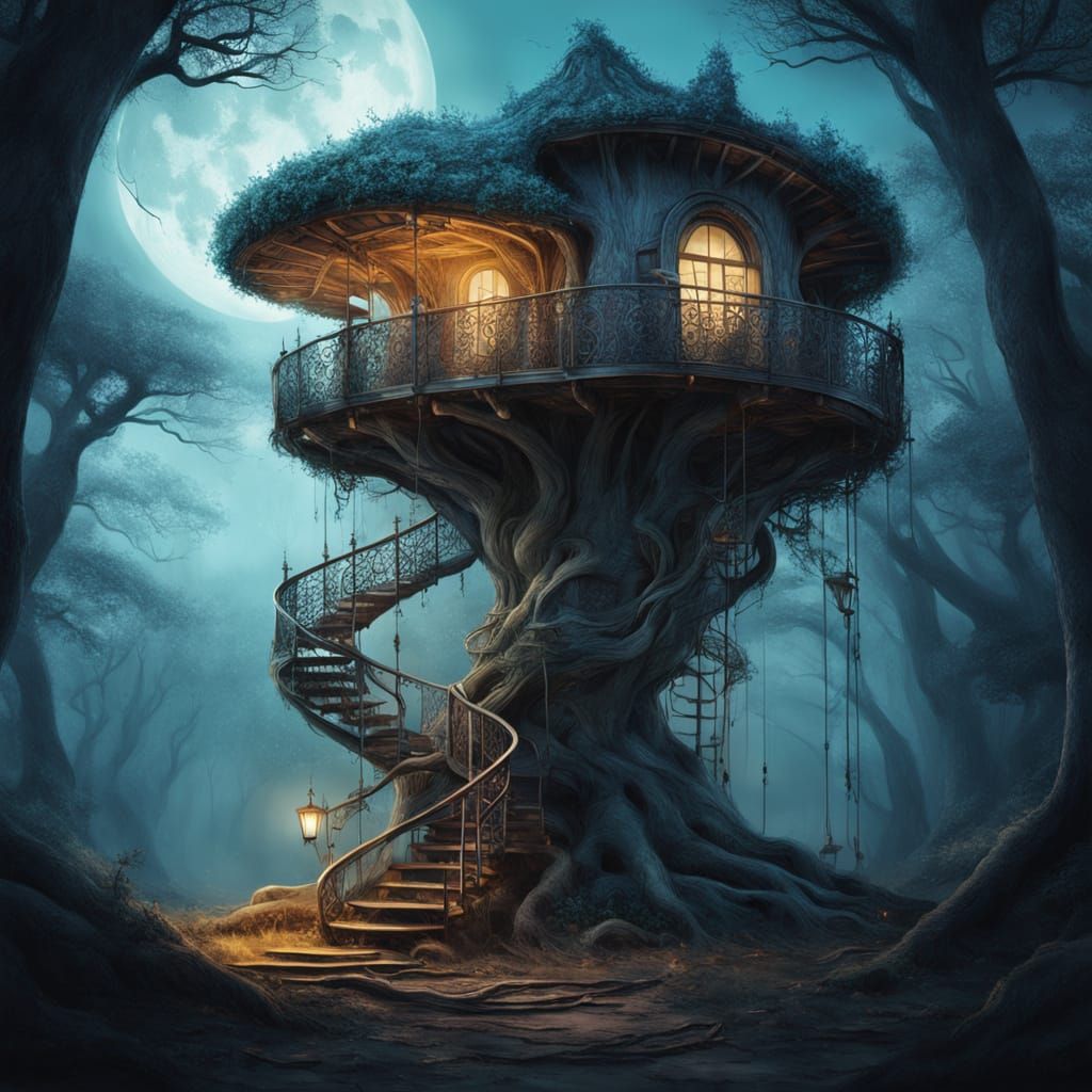 Dreamy Whimsical Treehouse Scene in Art Nouveau St... - AI Art