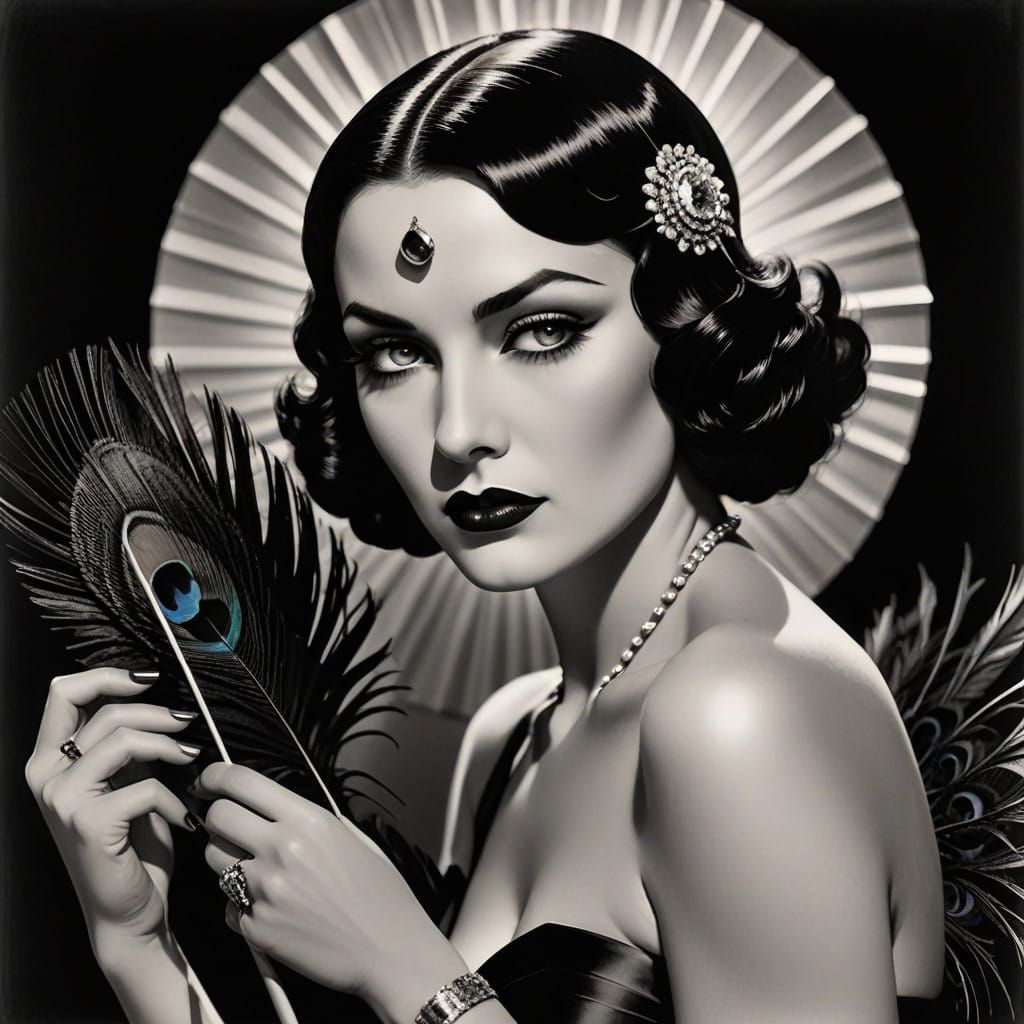 Pola Negri in a dramatic pose with peacock feather fan and vampish ...