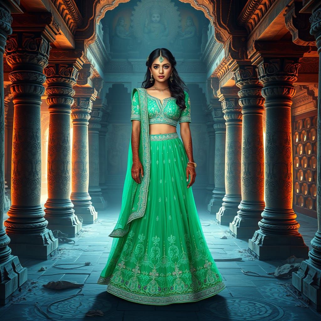 Indian Goddess in Dreamlike Neon Temple Setting - AI Art