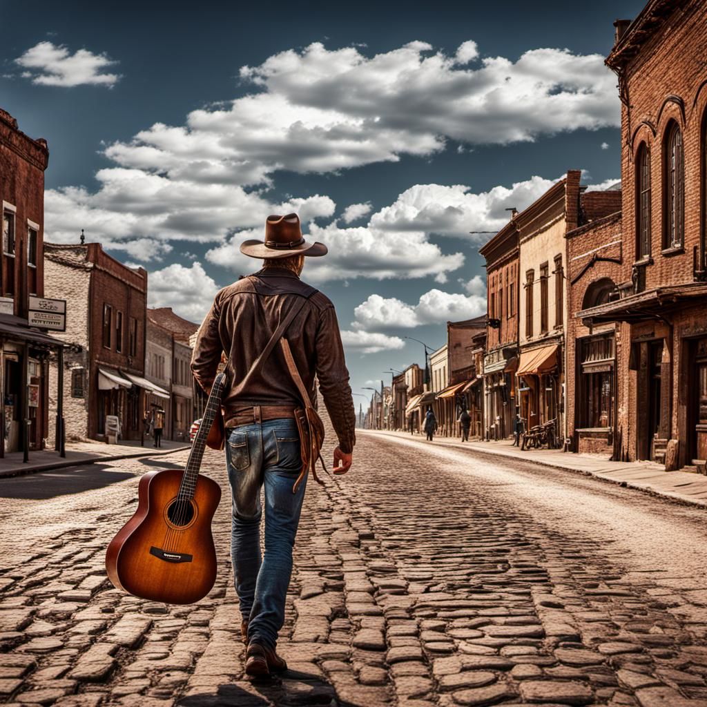 Man with cowboy hat walking on the road with his guitar leaving old town, Hyperreallistc ...