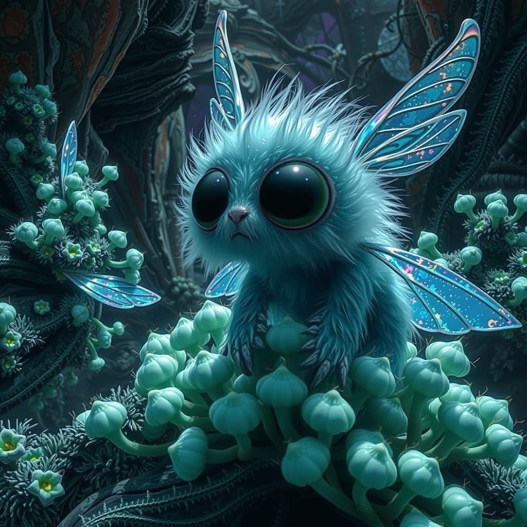 Iridescent Alien Fuzzy Winged Critter Perched Amid... - AI Art