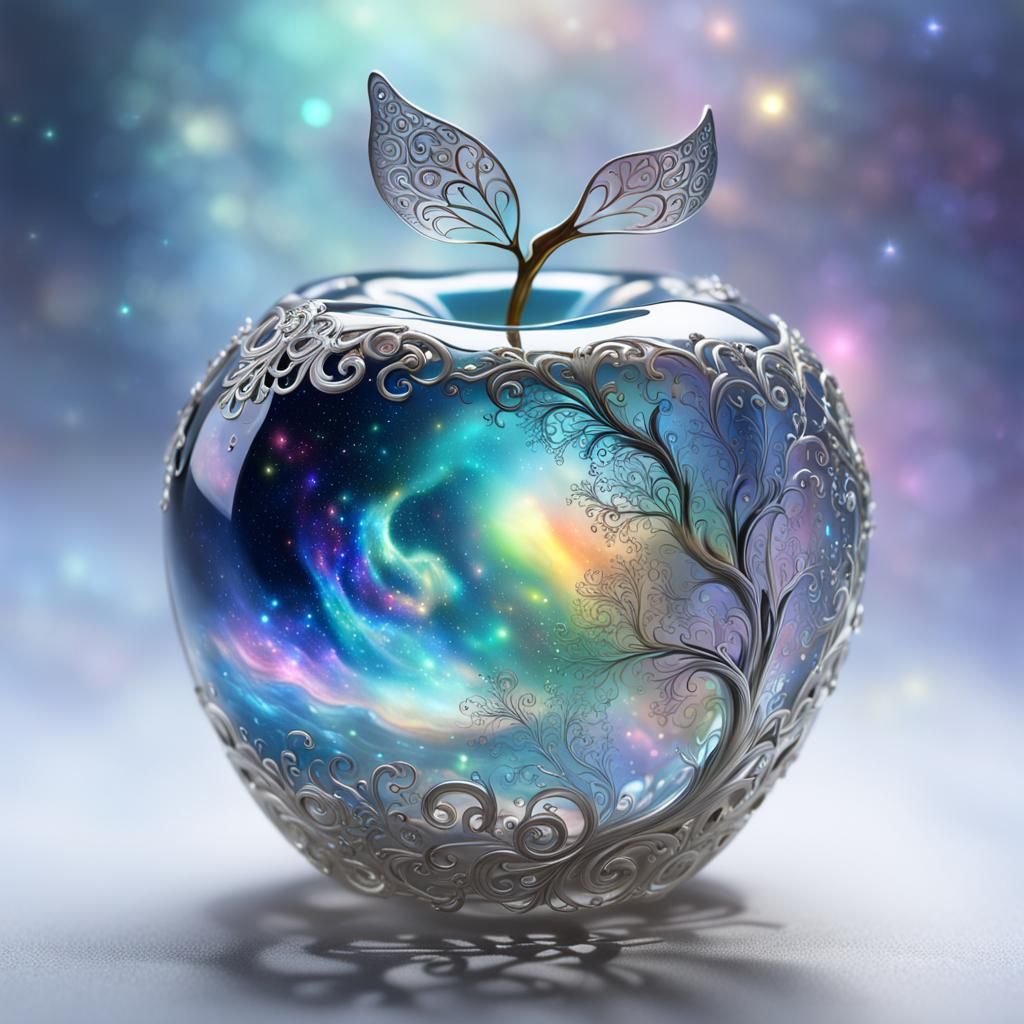 iridescent galaxy in a glass silver glowing apple, beautiful, magical ...