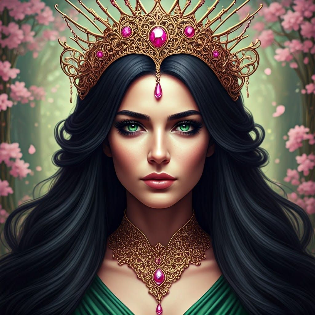 Ethereal Elven Queen in Golden Crown and Emerald G... - AI Art