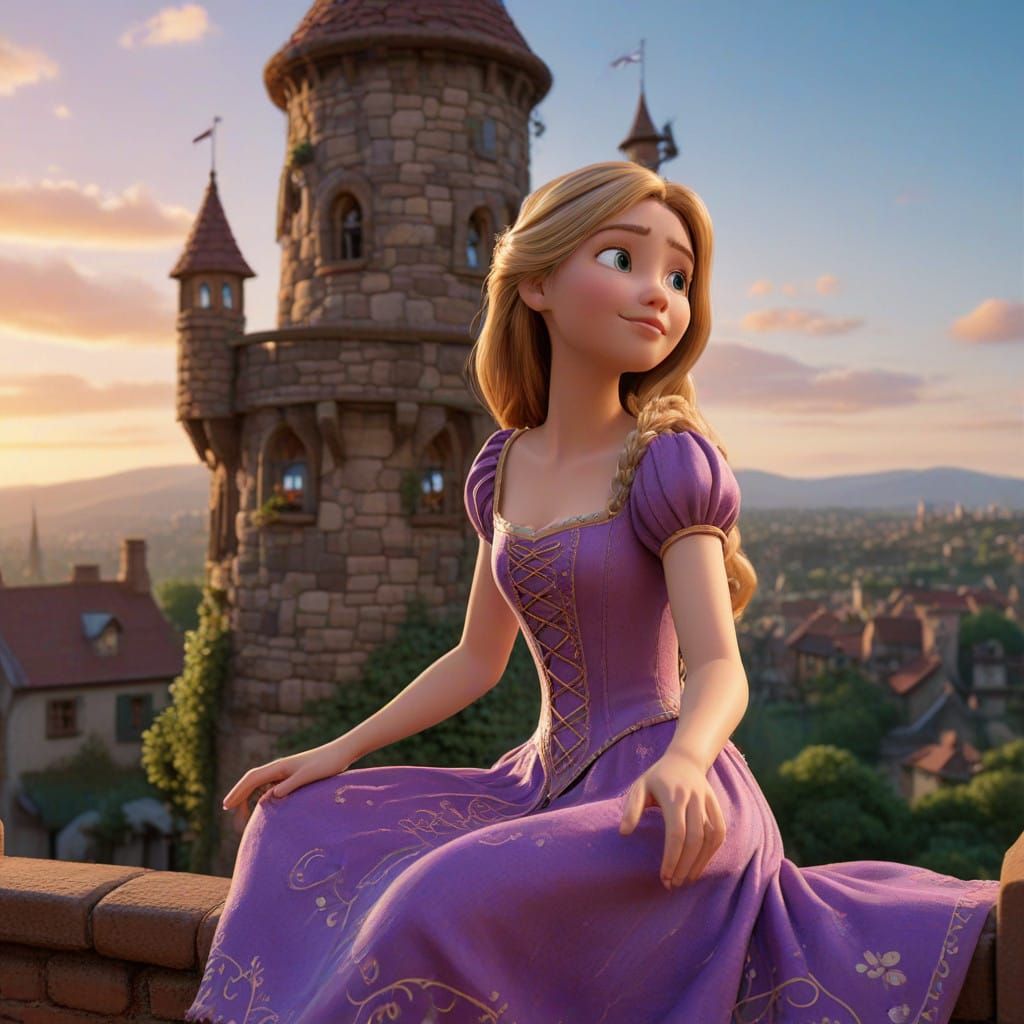 Rapunzel's Whimsical Rooftop Moment in 3D Claymati... - AI Art