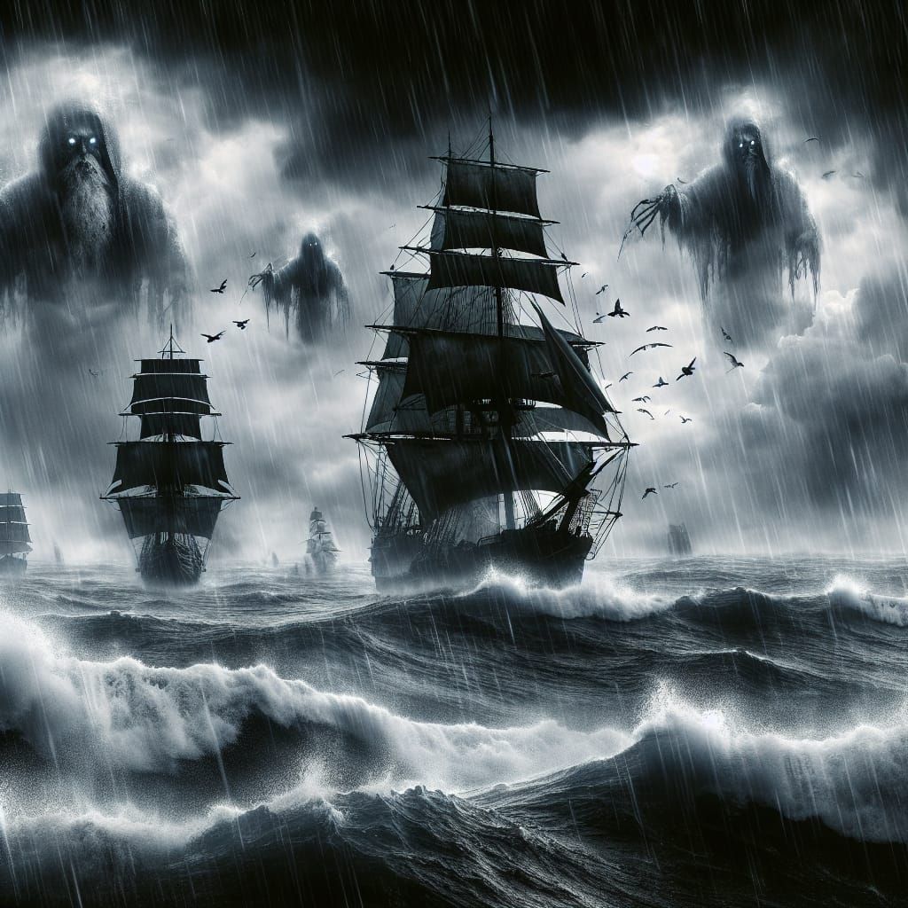 Sailing ships, sea, storm and rain, spirits of demons appear on the horizon