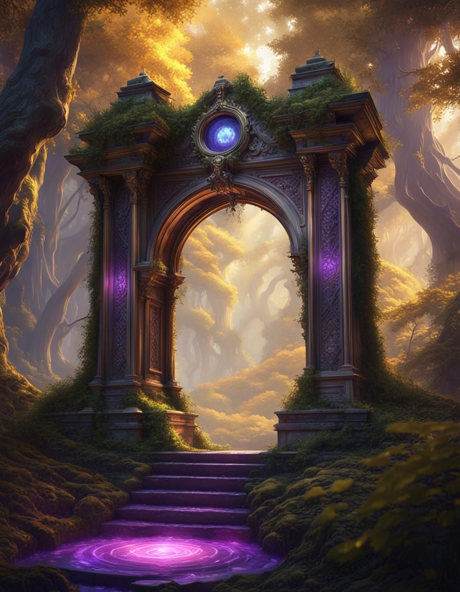 Dimensional portal, elaborate doorframe in the middle of a forest, a ...