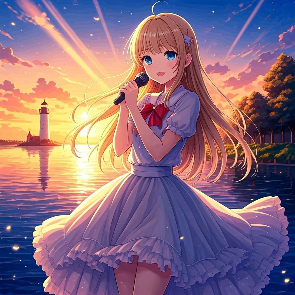 Vivacious Girl Shines Bright in Sunset Scene - AI Art