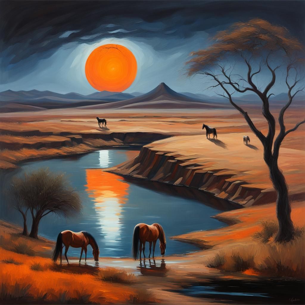 A SUB- DESERT LANDSCAPE, TREE, GRASSLAND AND HORSEs. WATER REFLECTING ...
