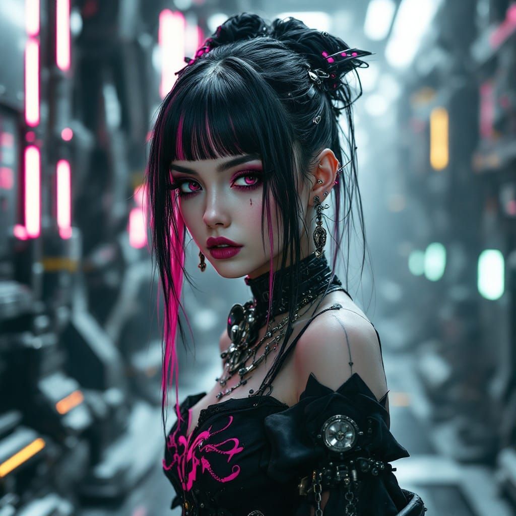 Gothic Goddess in Neon Dreamscape - AI Art