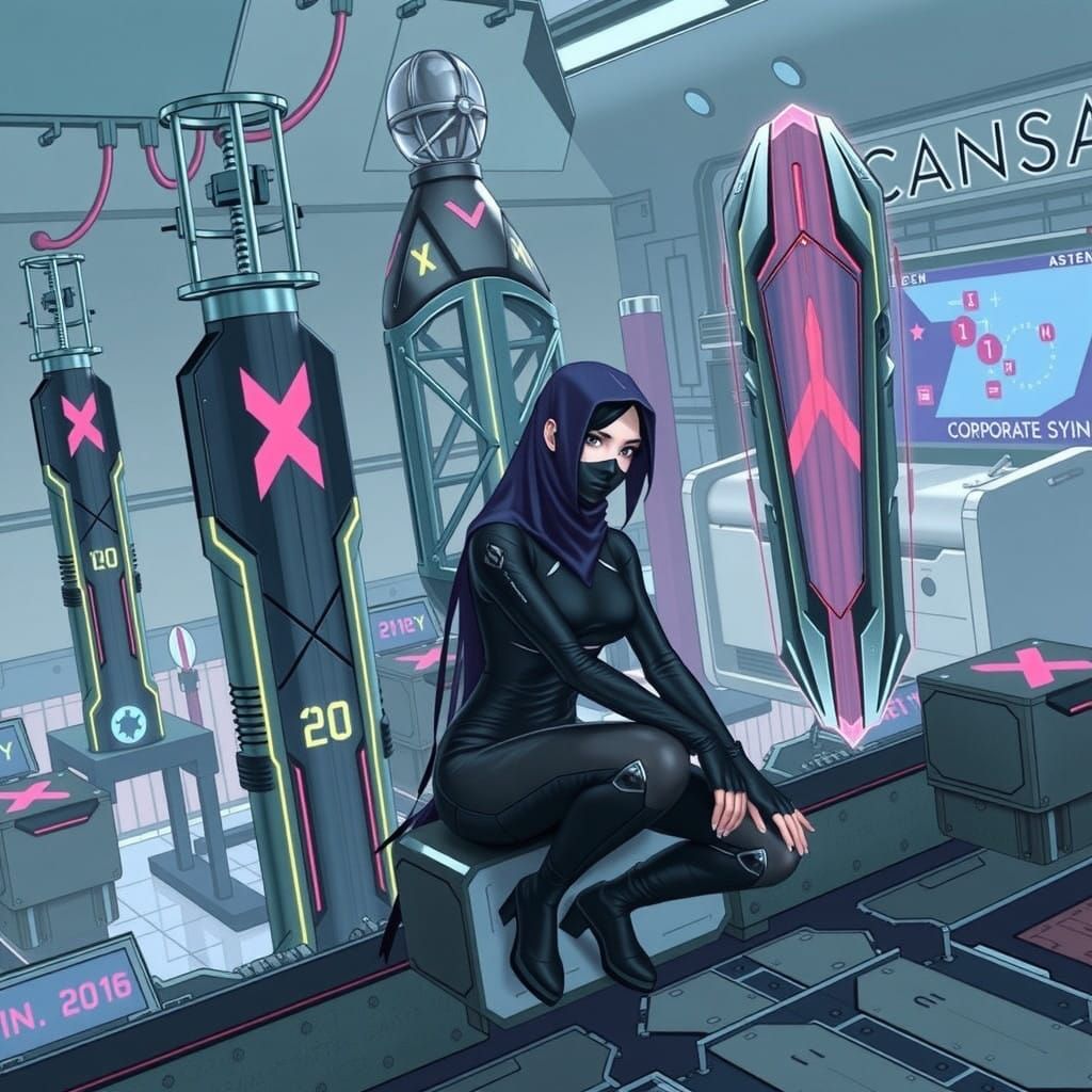 Lady Ninja Assassin in High-Tech Lair, Cyberpunk S... - AI Art