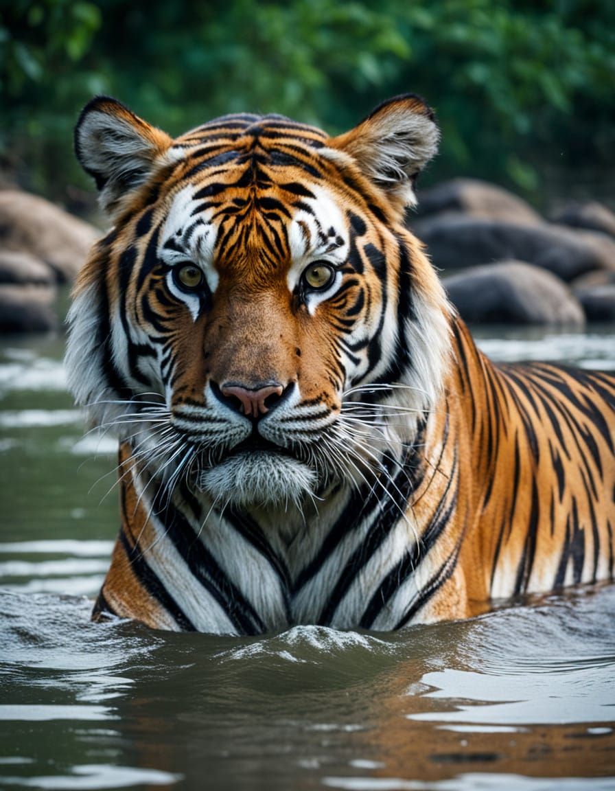 Tiger swimming in the Ganges River - Tiger in Majestic Gange...
