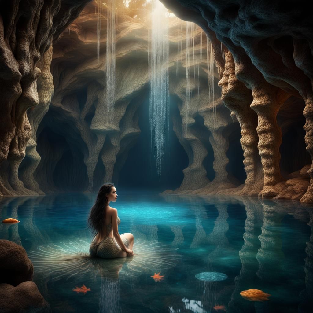 Gorgeous mermaid in a vast crystal filled cave with pools of water ...