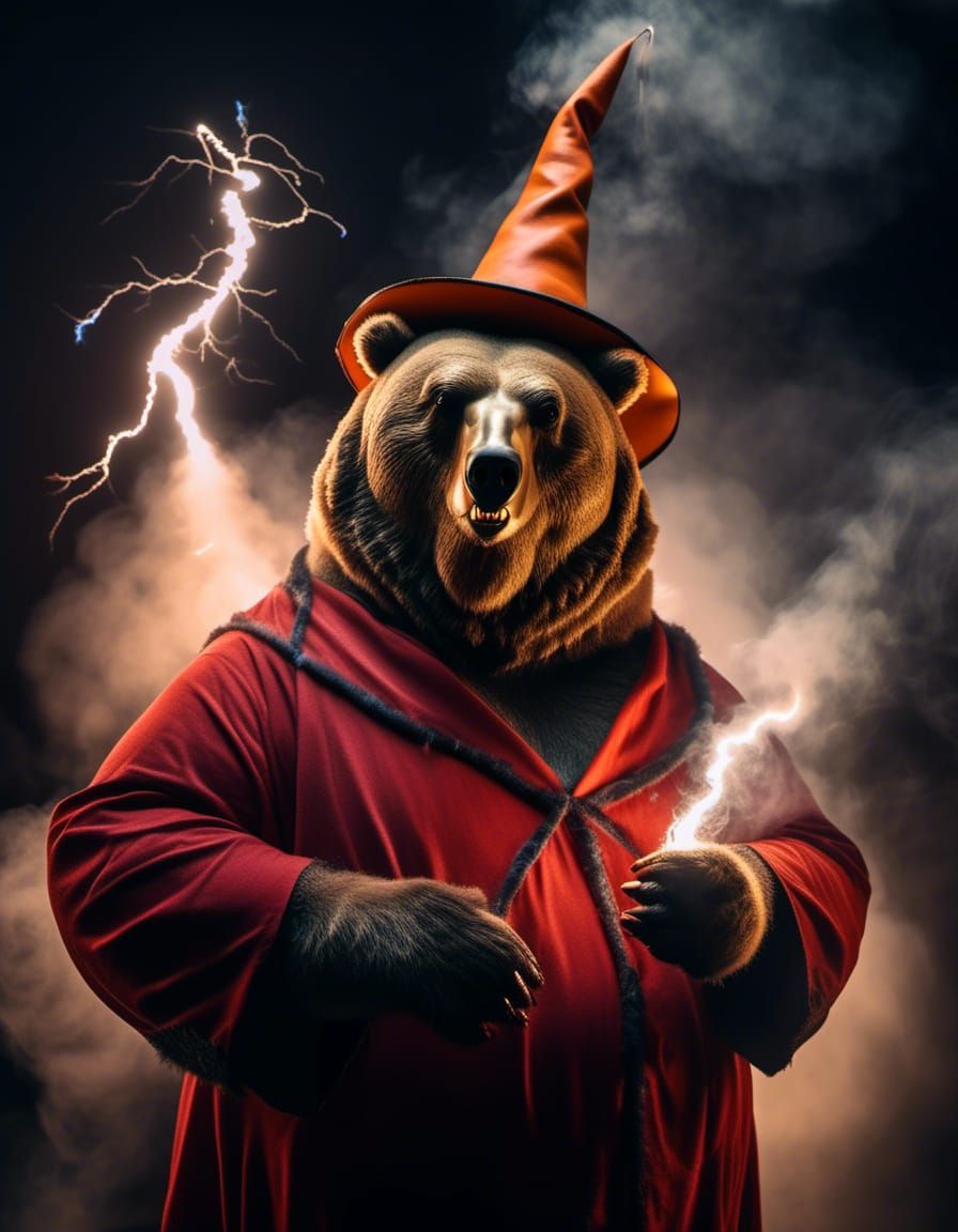 Photograph Portrait of obese mystical Bear Wizard with Witch-hat ...