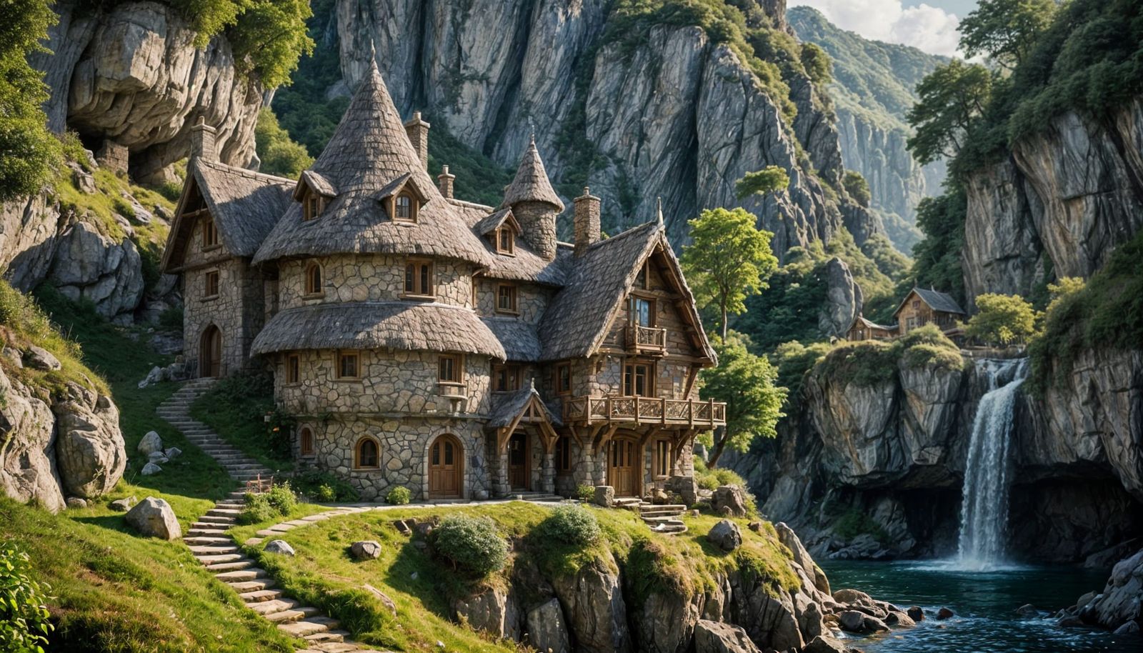 stone house - Whimsical Elven Castle Cottage by a Waterfall
