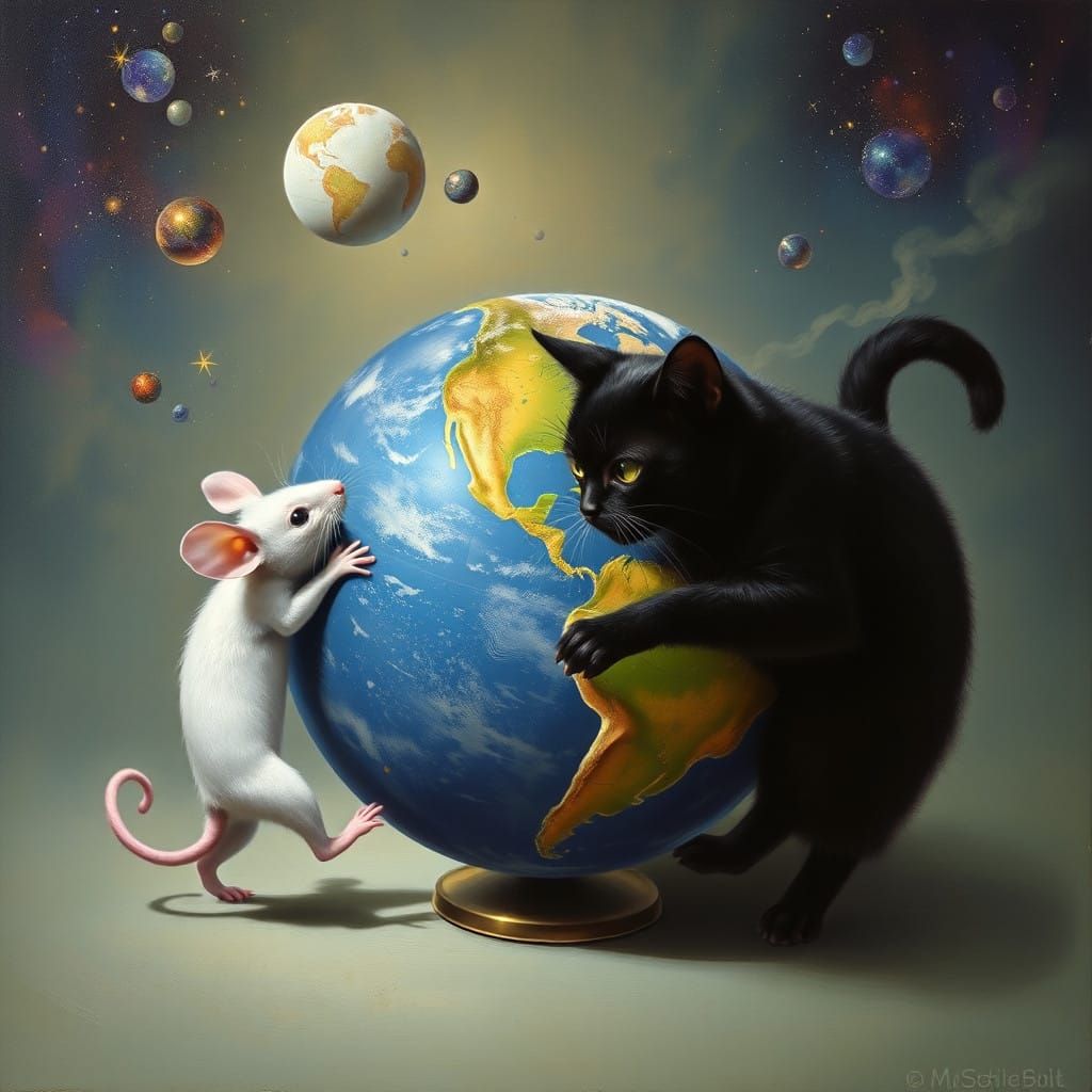 Whimsical Metaphysical Scene of Mouse and Cat in a... - AI Art