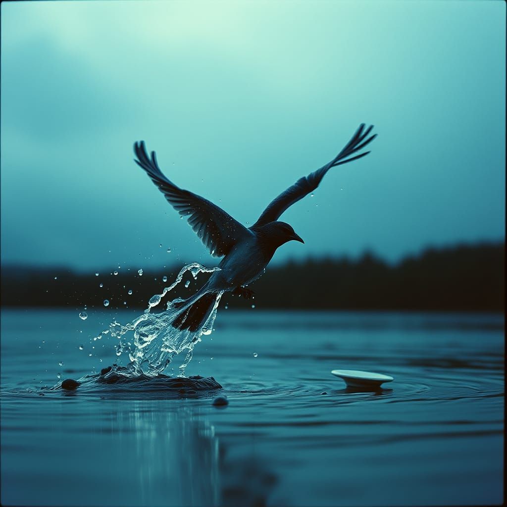 Flying out of water - Nightingale Emerges from Dark Waters