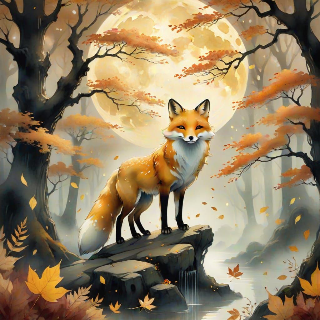 Ancient Fox Yokai Basks in Golden Autumn Moonlight - AI Art