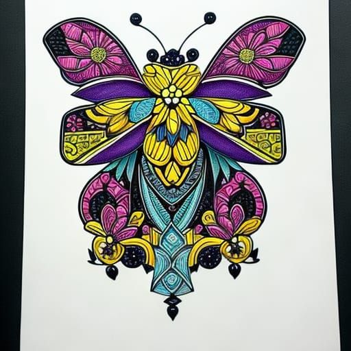 bumblebee and flowers, full color ink pen, micron pen highly detailed ...