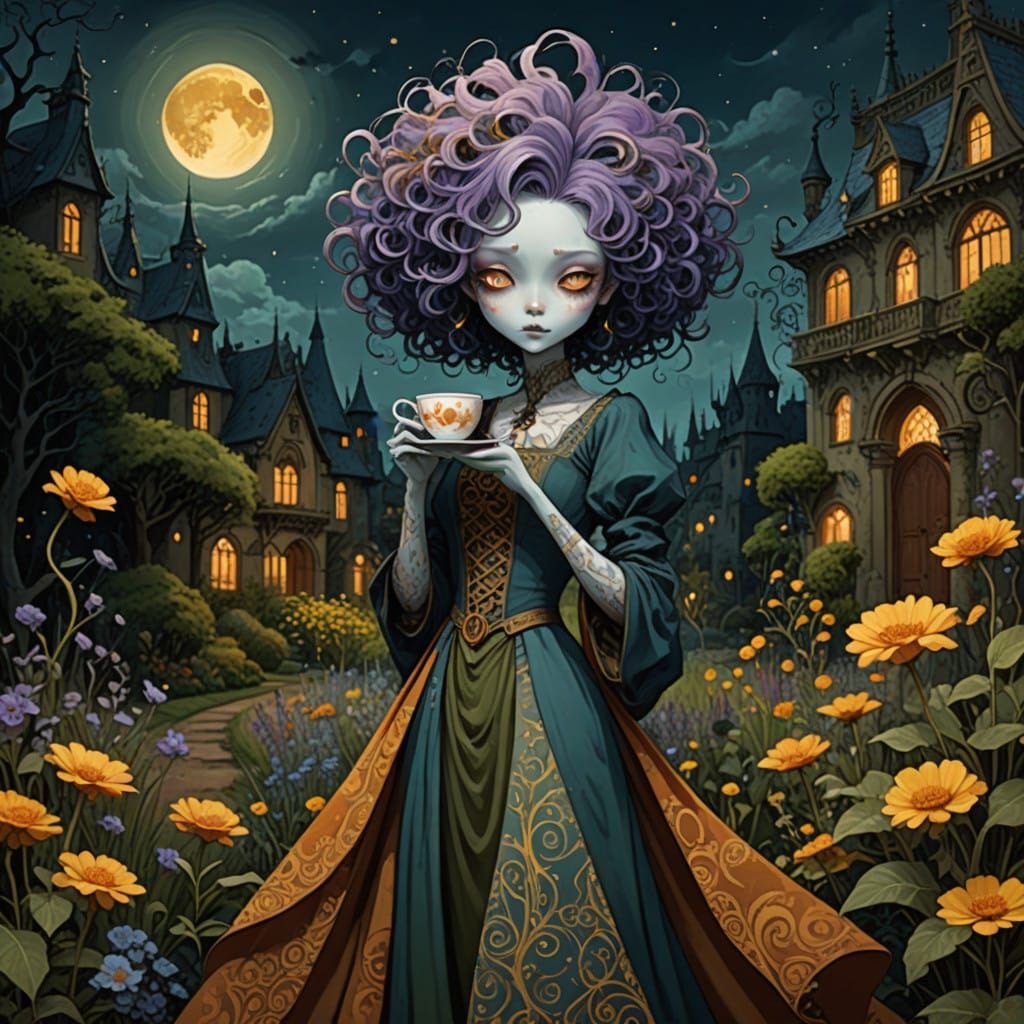 A whimsical, beautiful dreamlike alien girl with vibrant, curly purple ...