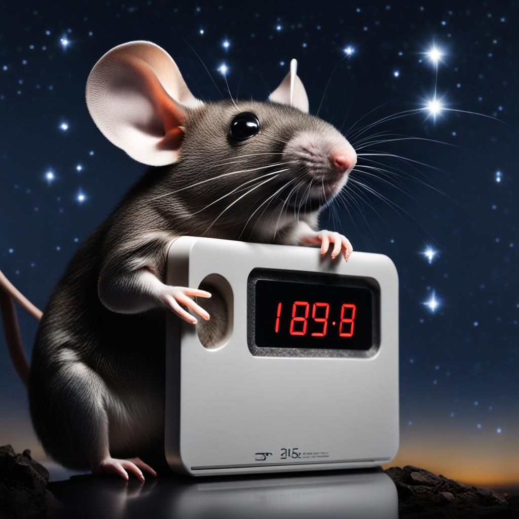 Photograph, hyperrealistic, a Large Mouse holding a Digital clock with ...