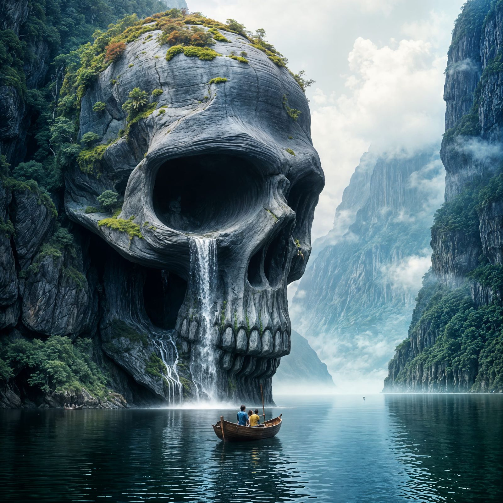 Skull Falls - Ancient Skull Rock Falls in Lush Tropical Par...