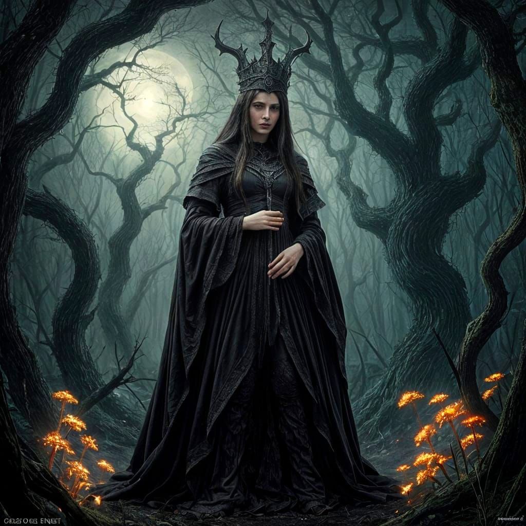 Witch queen in a dark deep forest at night