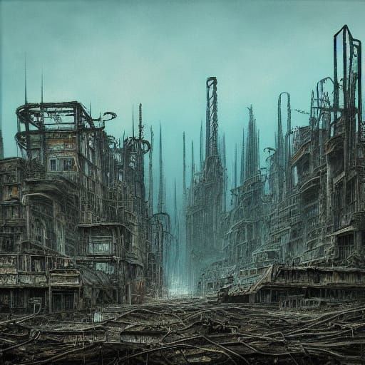 Electric Blue Apocalypse: Post-Apocalyptic Citysca... - AI Art