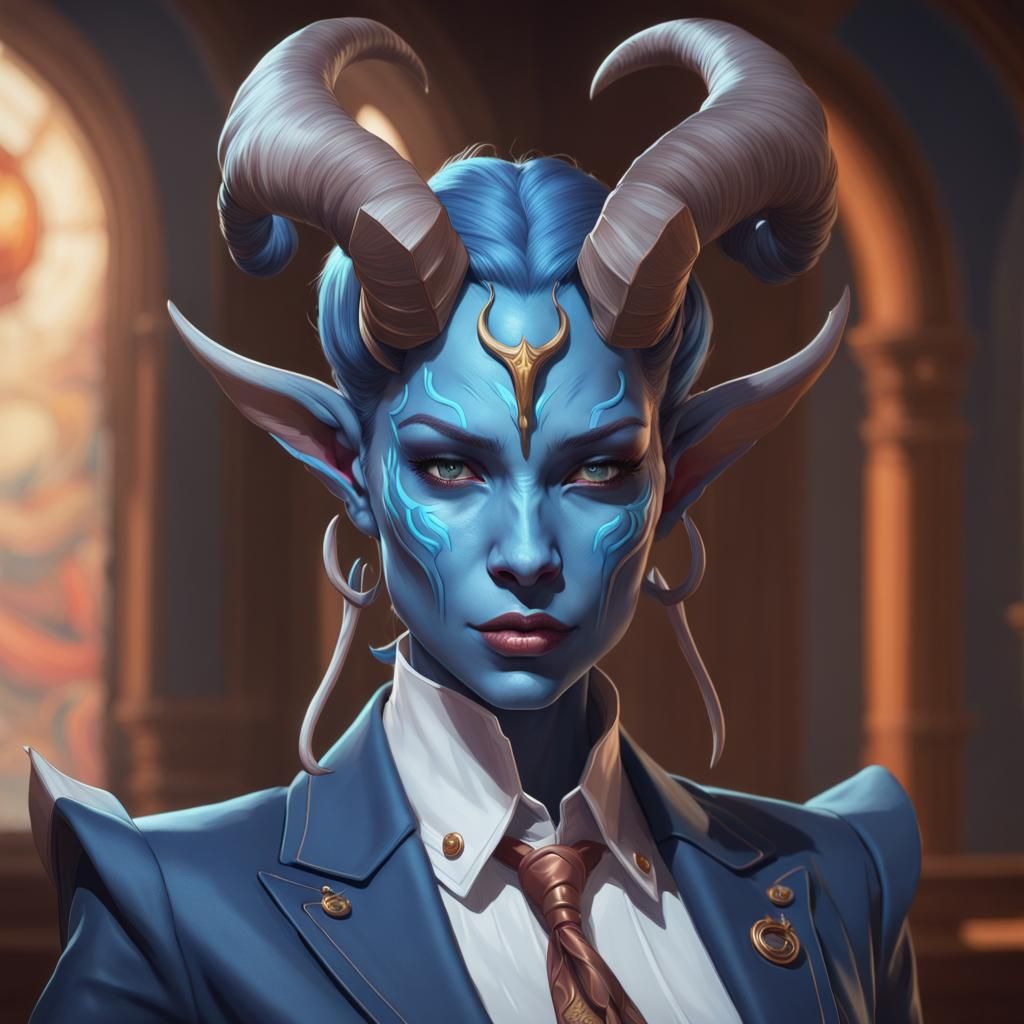Western fantasy art style blue-skinned Tiefling women senator in suit ...