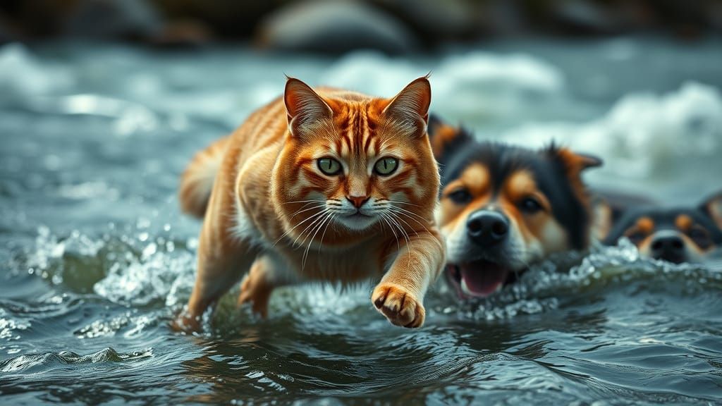 A smug tabby cat rushes to the rescue of a drowning husky dog in a river