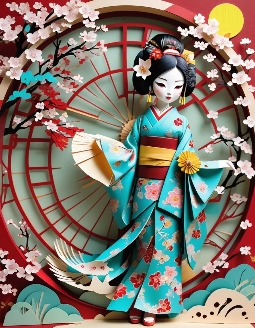 Kirigami Art: Young Geisha Girl in Lovely Turquoise Kimono 💮 - AI ...