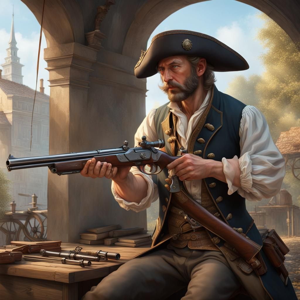 Gunsmith outside shooting a flintlock rifle typical for this era and at ...