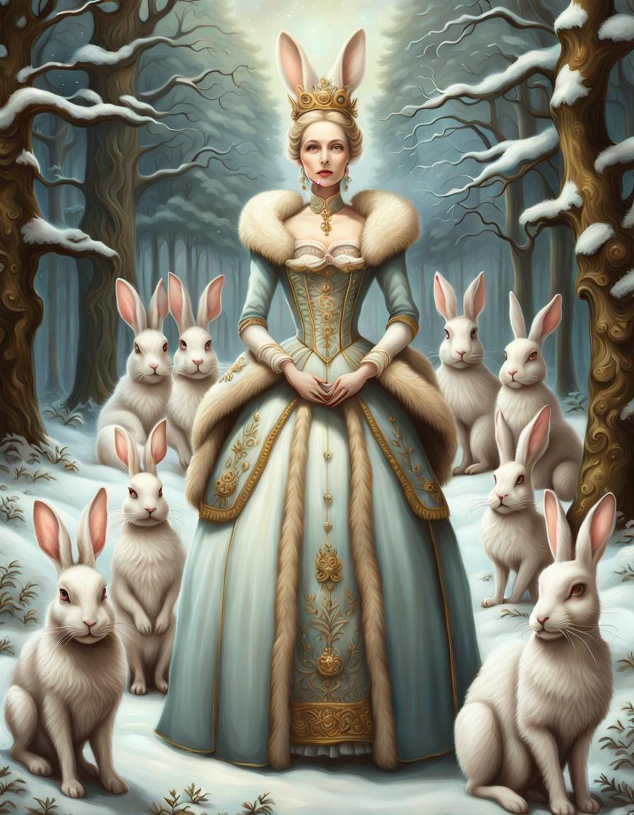 Snow Rabbit Queen surrounded by several adoring snow rabbits : r/nightcafe