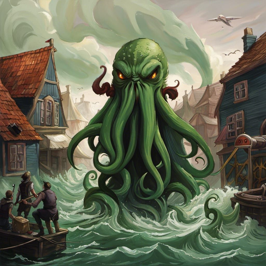 by Anato Finnstark, an angry Cthulhu floods a coastal town - AI ...