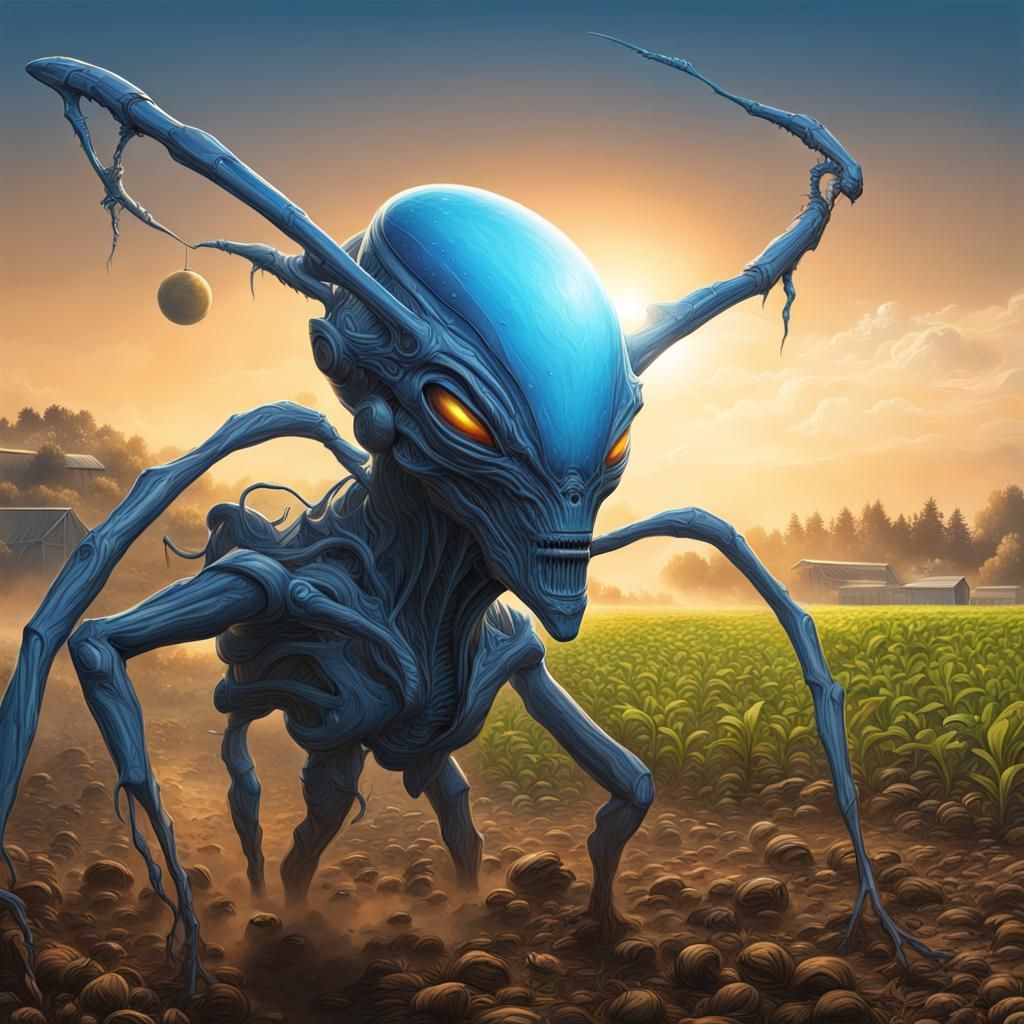 Alien insectoid working farm land, blue sun in distance - AI Generated ...