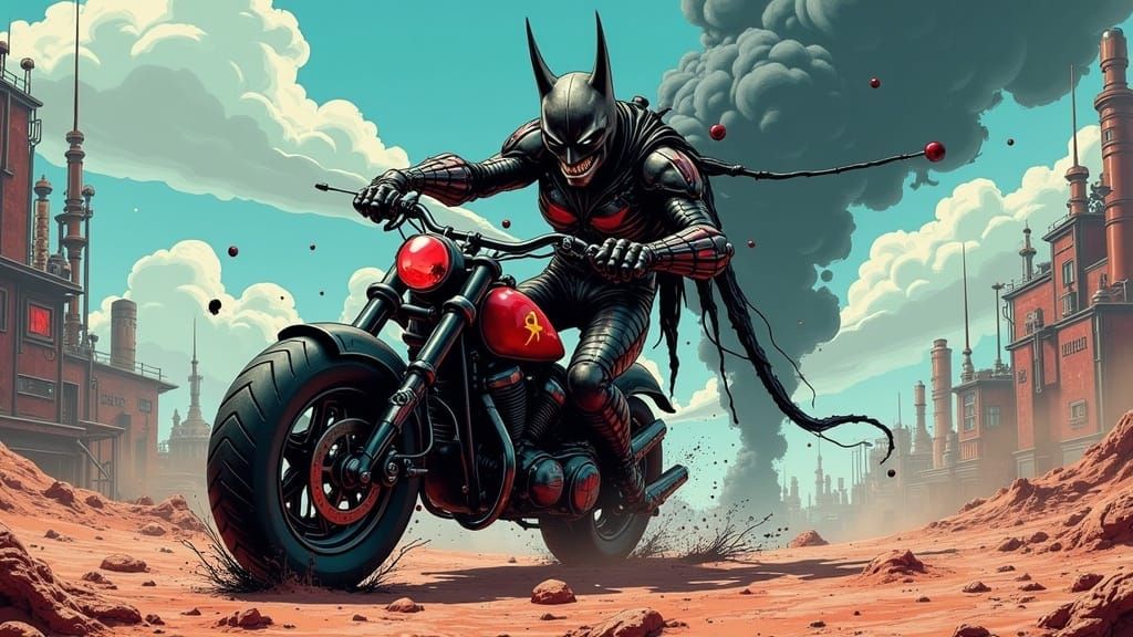 In a dystopian, glitched Martian landscape, a deformed Batman Shark ...